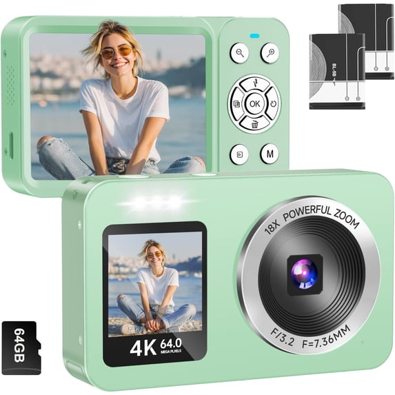 Digital Camera, 4K 64MP UHD Dual Screens Camera, 18X Zoom, Portable ...