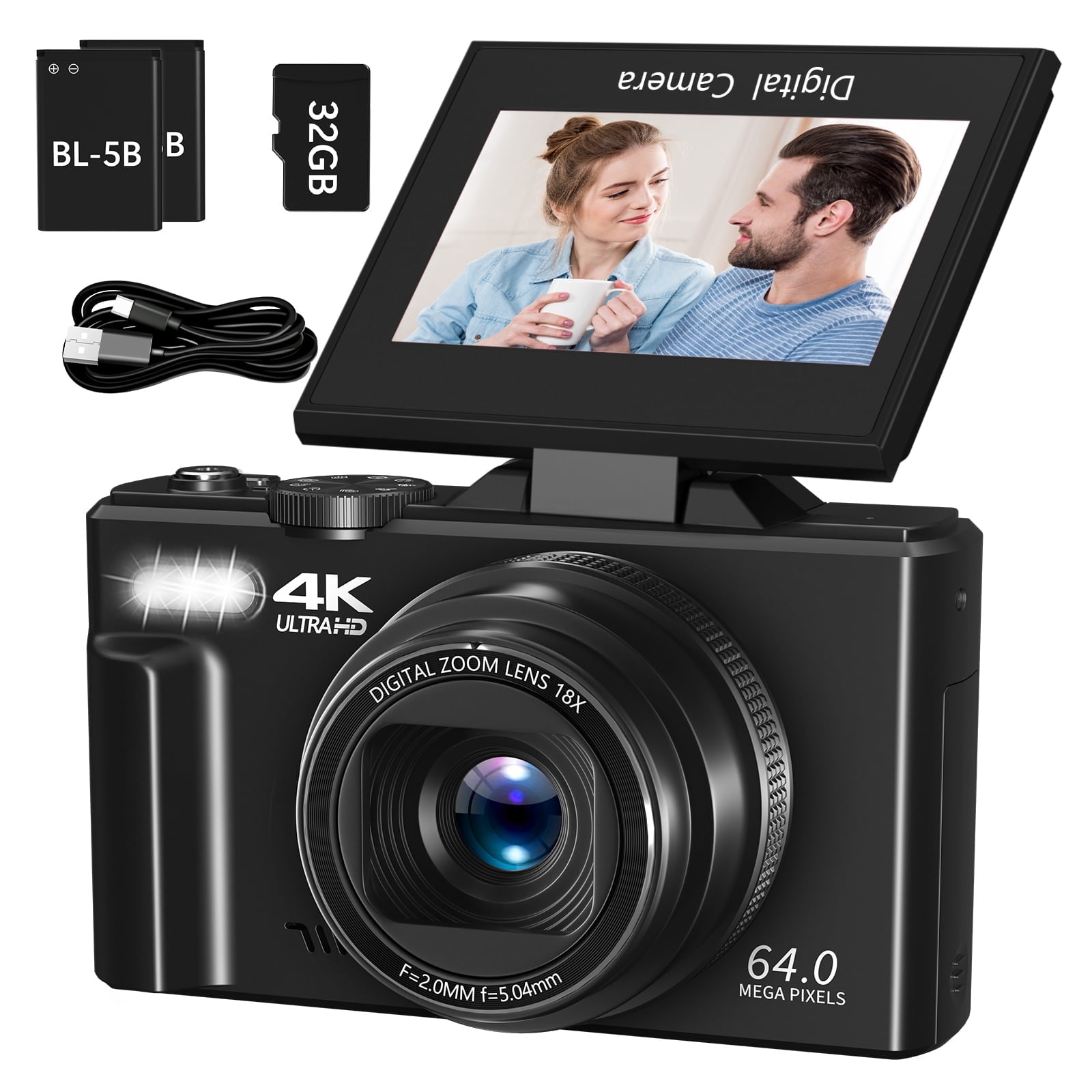 Digital Camera 4K 64MP Vlogging Camera for YouTube 3''180°Flip Screen ...