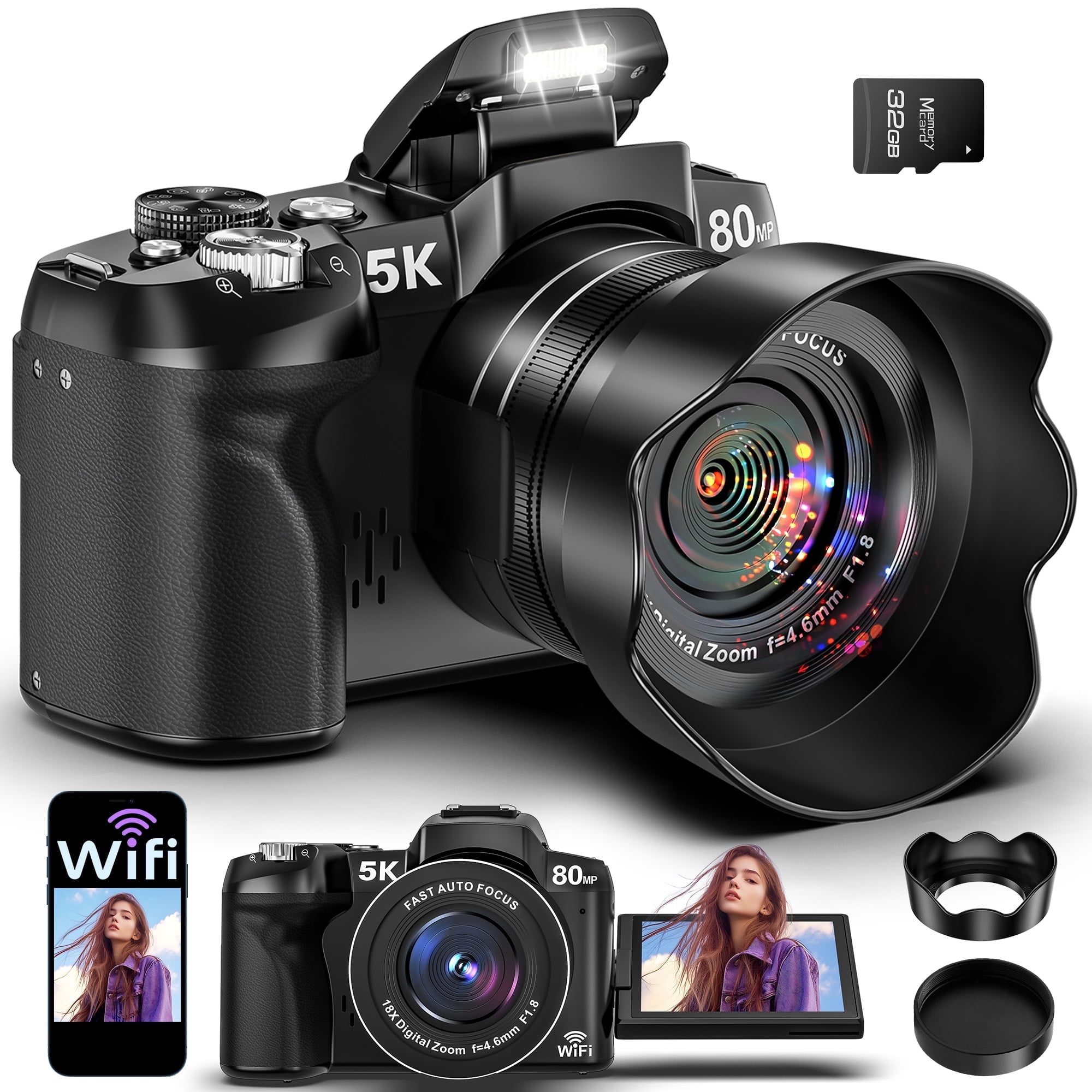 Digital Camera 5K UHD 80MP WiFi Vlogging Camera Photography 270 Flip ...