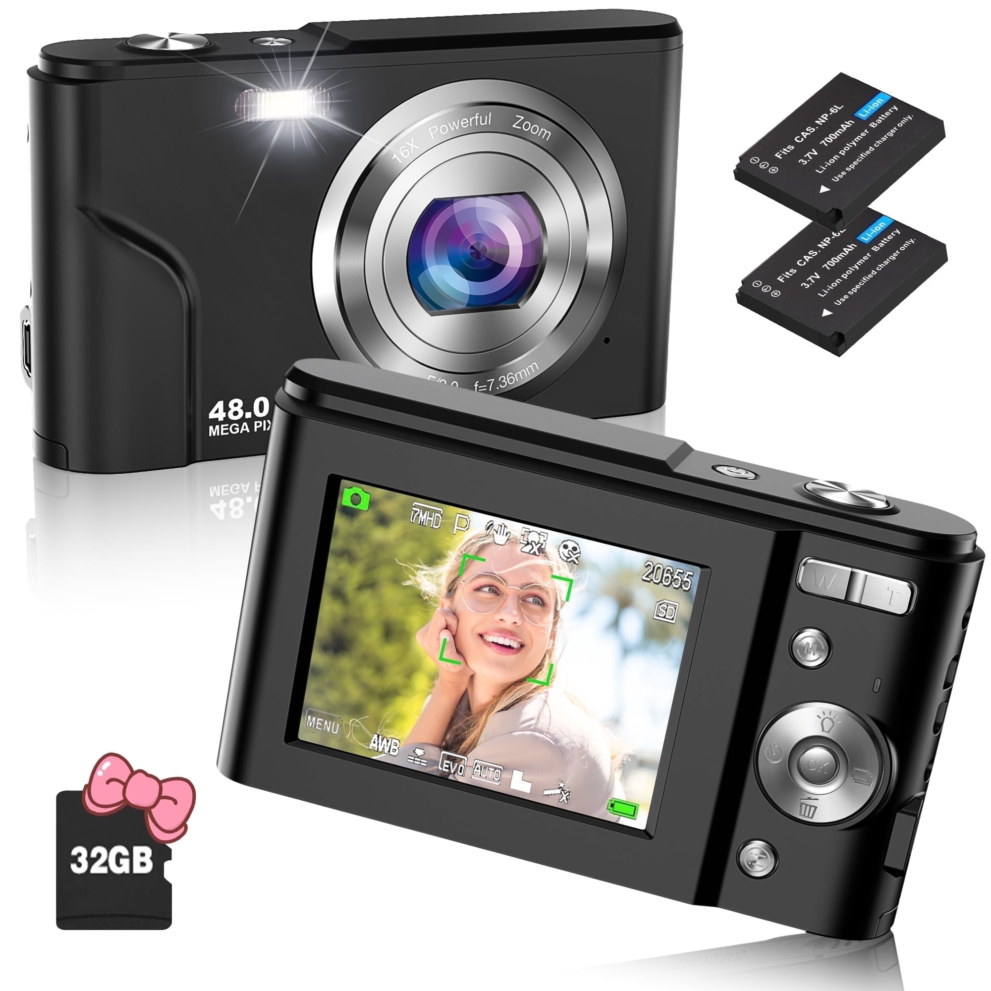 Portable Digital Camera, 48MP, FHD 1080P, 16X Zoom, 32GB, 2 Batteries ...