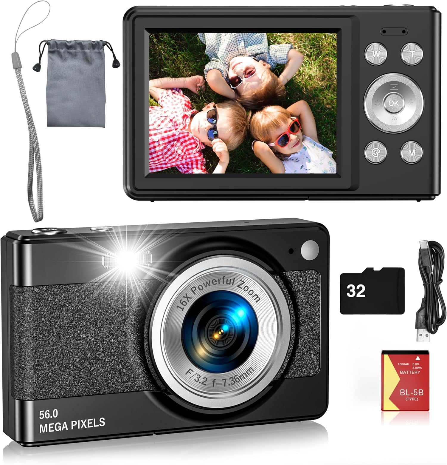 Digital Camera for , FHD 1080P 56MP Autofocus Point and Shoot with 16X ...