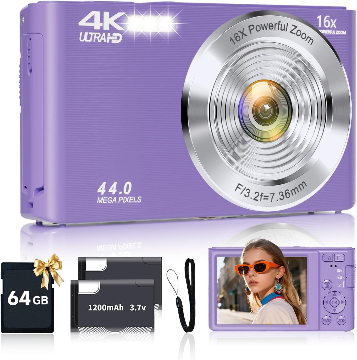 Digital Camera for Teens, FHD 4K 44MP Digital Camera Purple with 64GB ...
