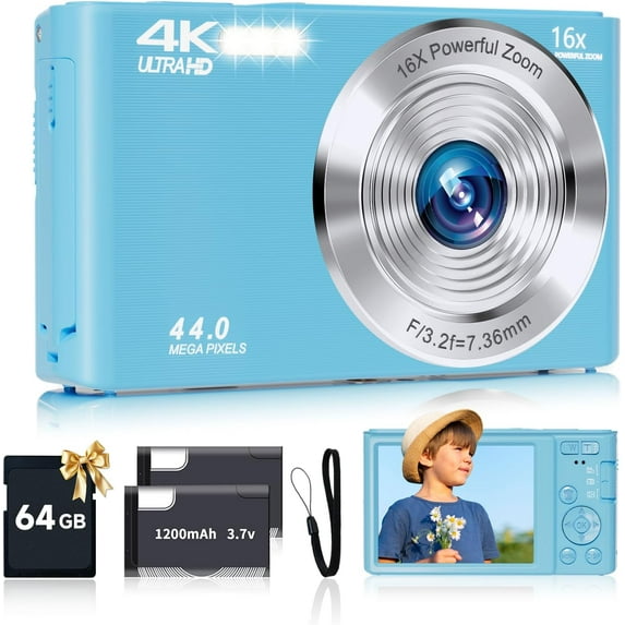 Digital Camera for Teens, FHD 4K 44MP with 64GB SD Card, 16X Digital ...