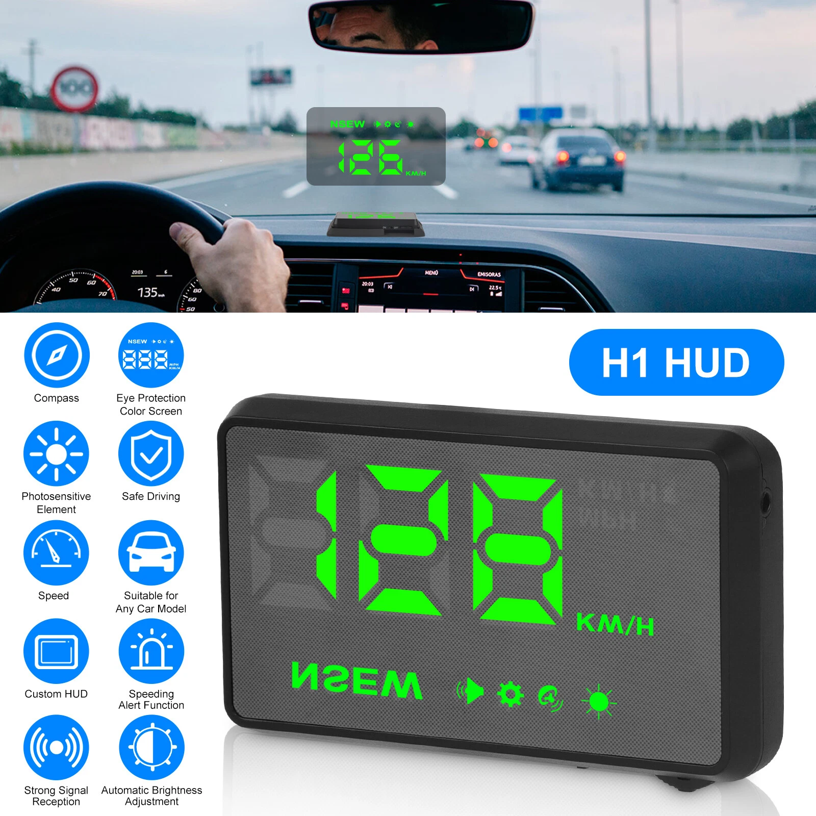 Digital Car HUD GPS Speedometer Head Up Display MPH KMH Compass ...