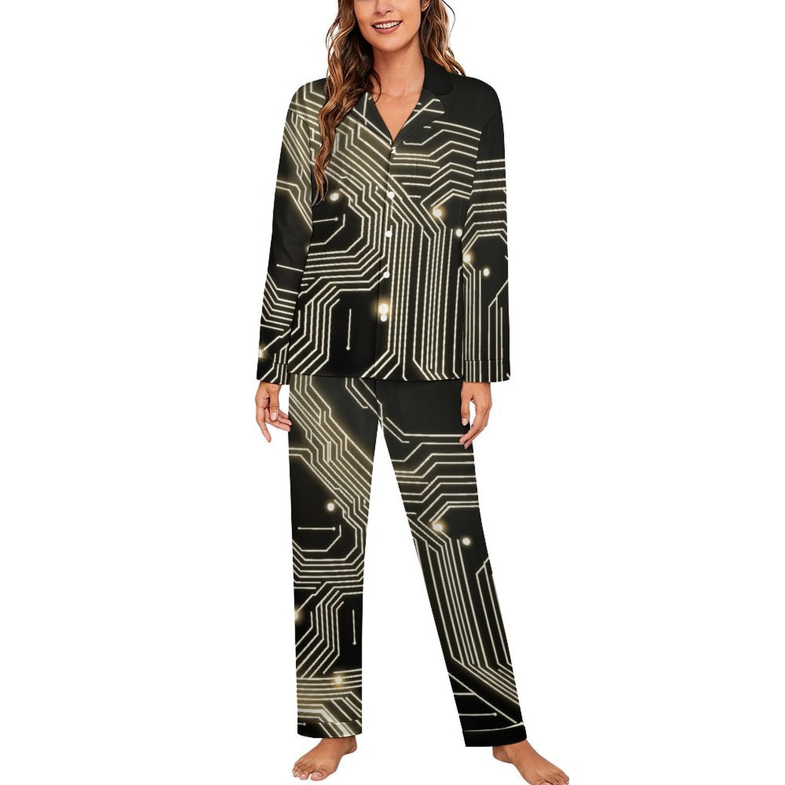 Digital Circuit Board Pajamas Night V Neck Nightwear Lady Two Piece ...