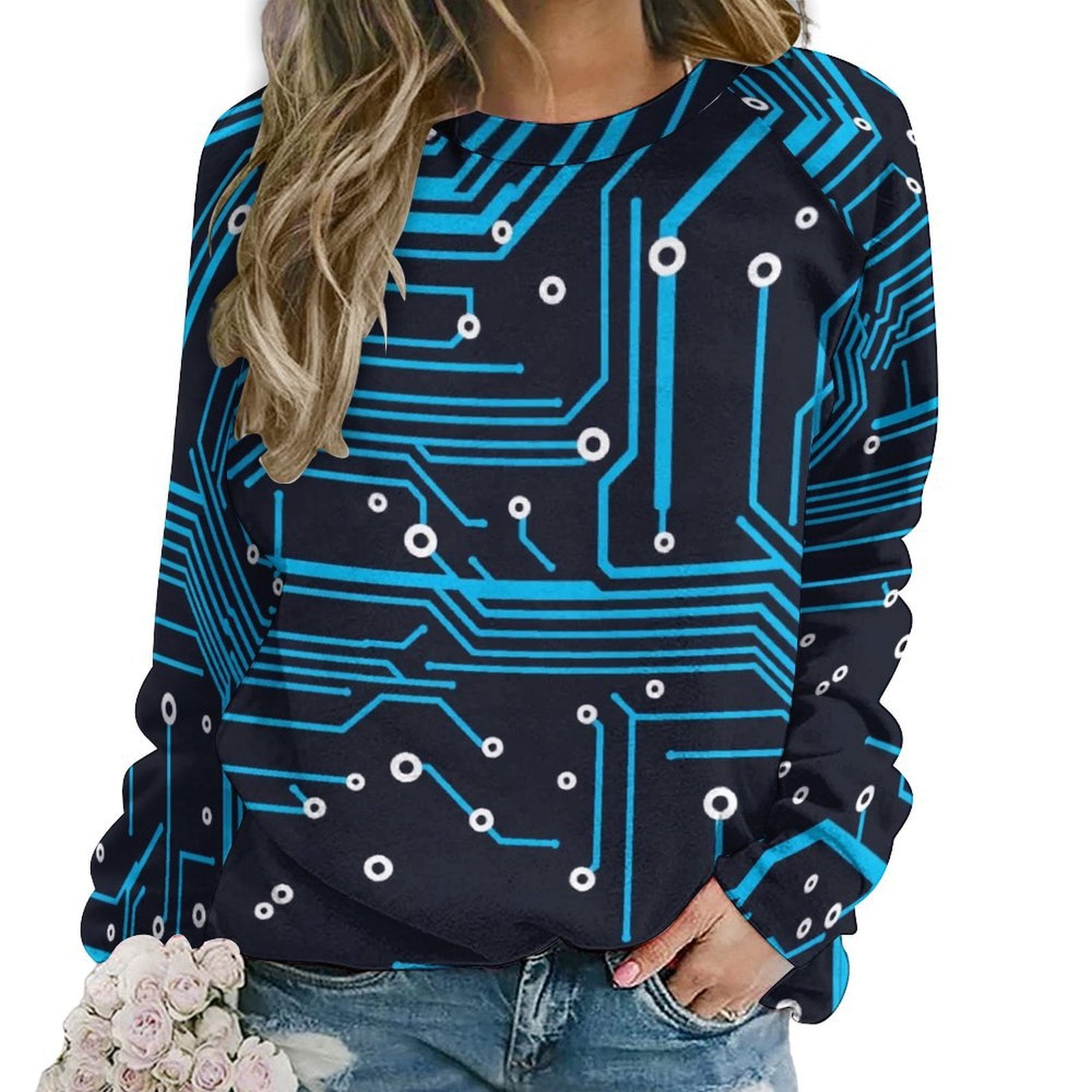 Digital Circuit Board Pattern Sweatshirts Women T-shirt Long Sleeve O ...