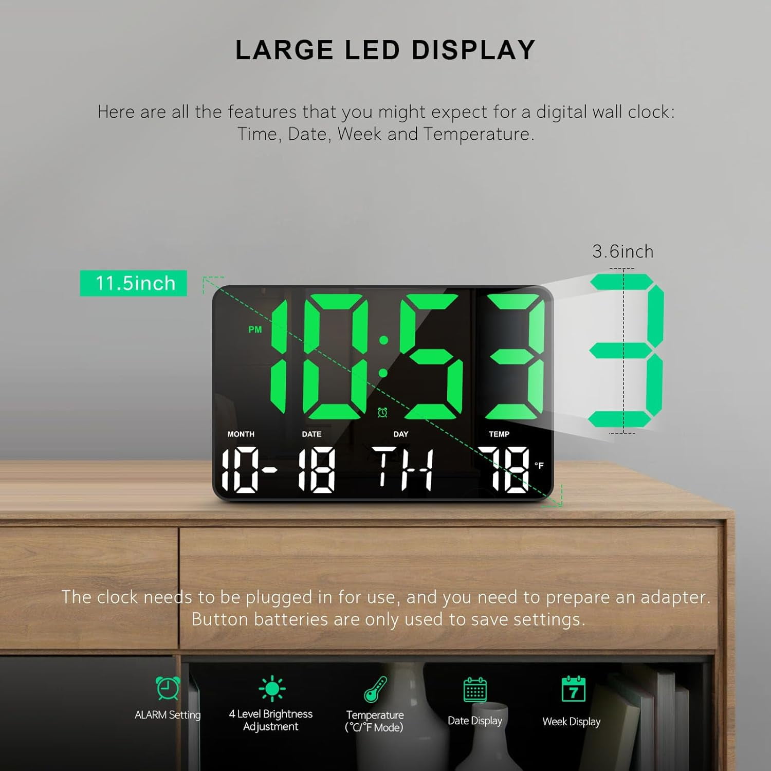 Digital Clock, Digital Wall Clock With Remote Control, Led Clock Large ...