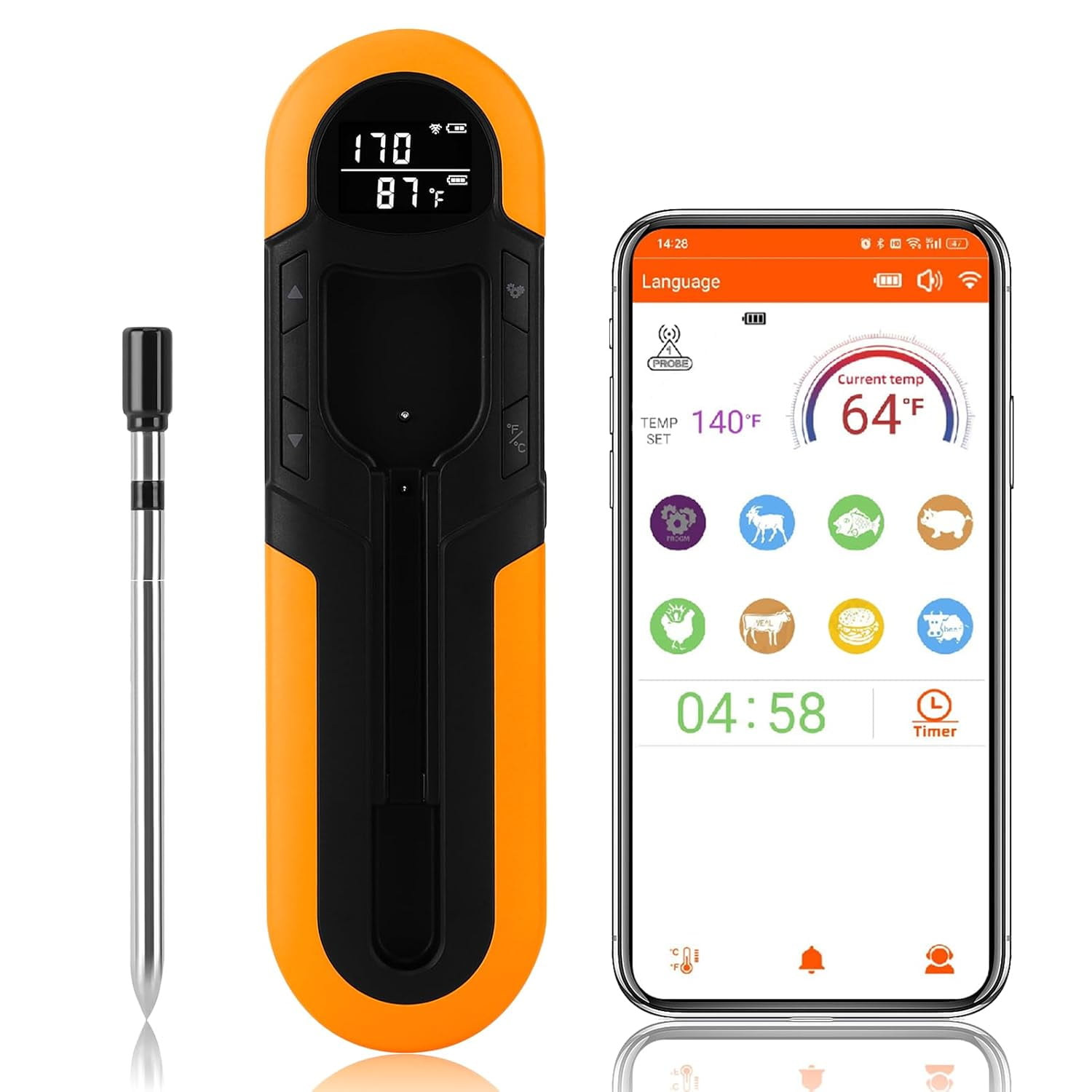 Digital Cooking Thermometer with Probe, Bluetooth Meat Thermometer ...