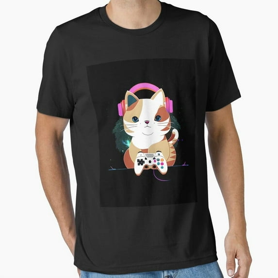 Digital Delight AI Image Feline Playing Video Games Controller Unisex T ...
