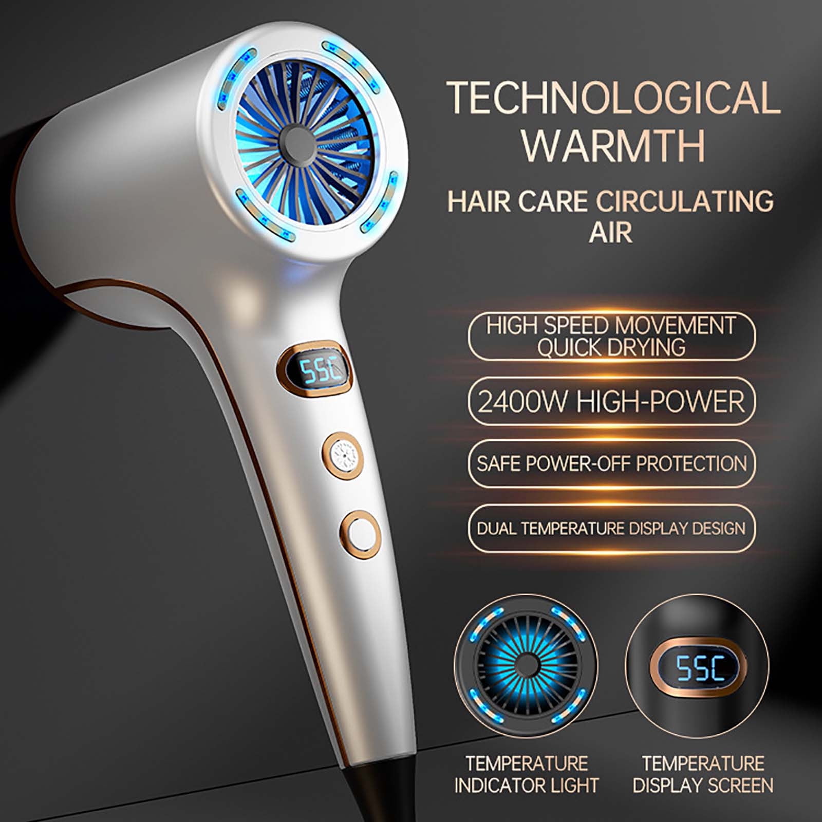 Digital Display HairdryerHot & Cold Wind, Blue Light Negative Ion ...