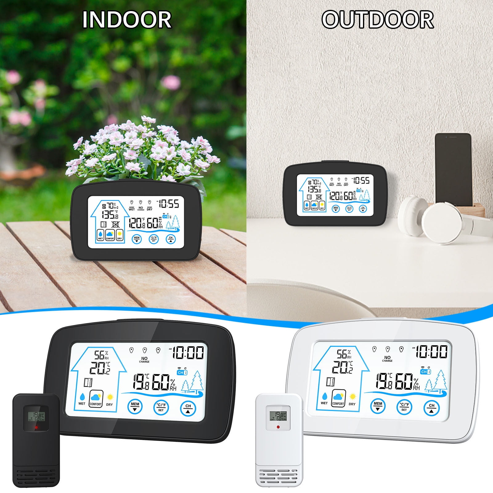 Digital Display Thermostat, Indoor Outdoor Weather Station, Dual Sensor ...