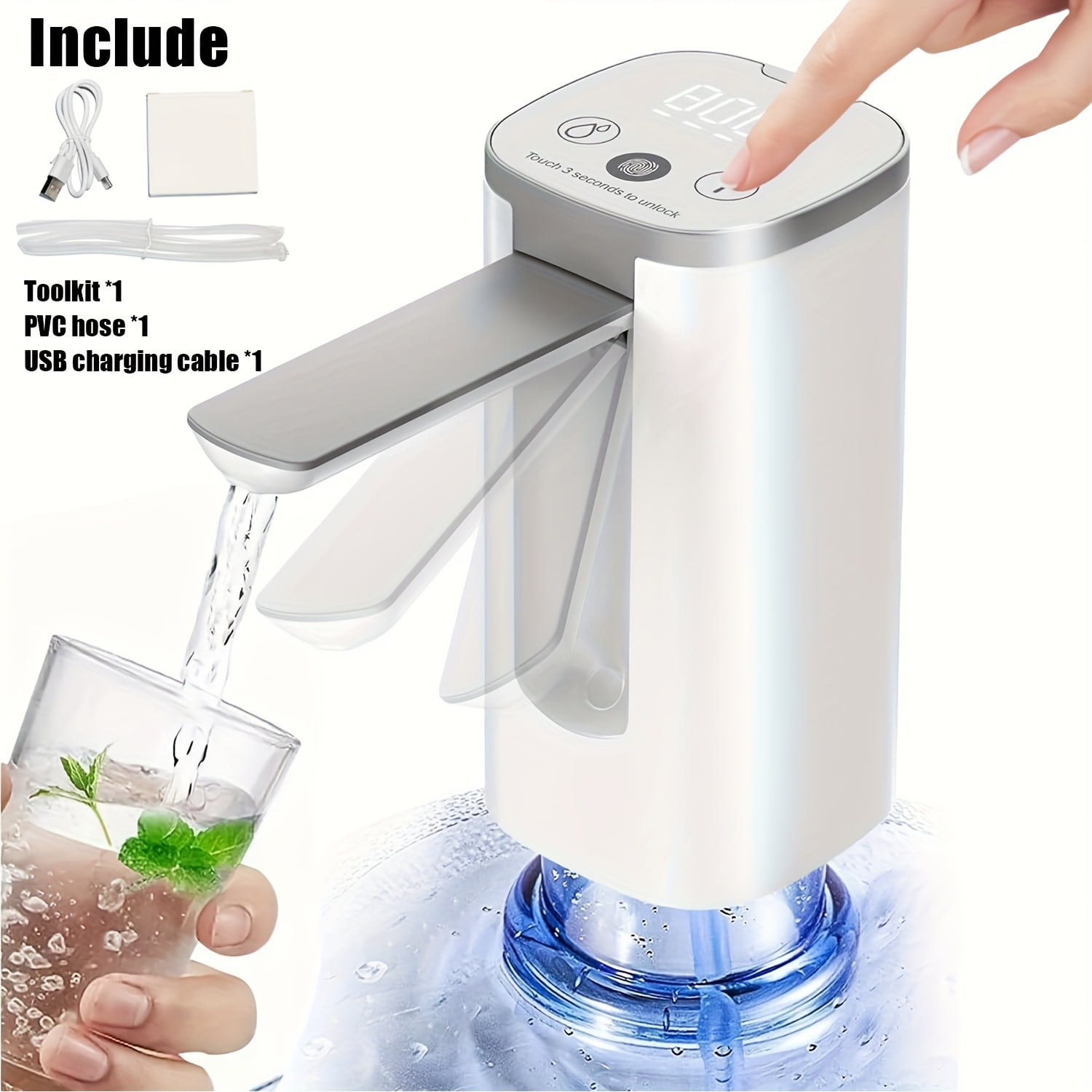 Digital Display Water Dispenser Pump for 5 Gallon Bottle - Type-C USB ...