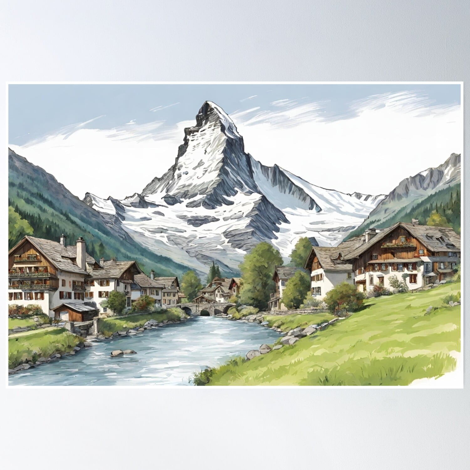 Digital Drawing Paint Of Matterhorn Mountain Poster Wall Art, Modern ...