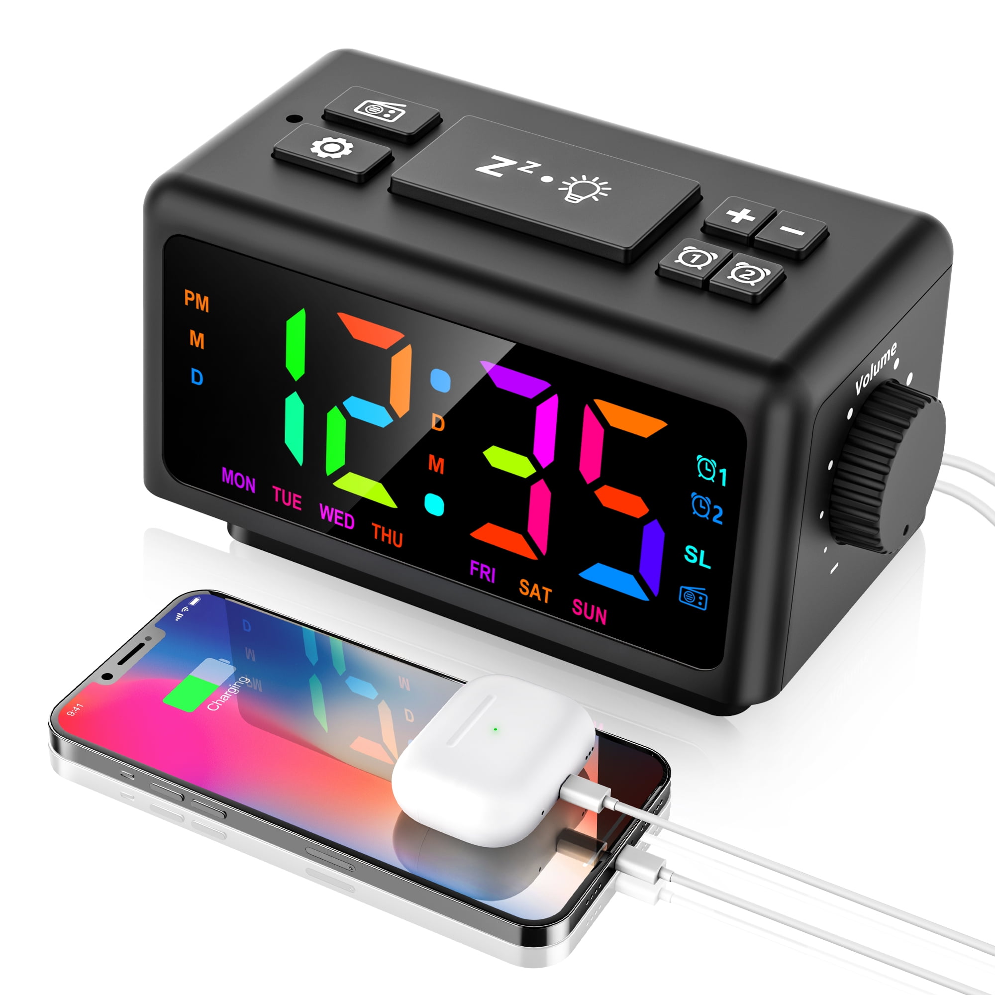 LED Bedside Digital Alarm Clock with FM Radio, 2 USB Ports, 11 Colors ...