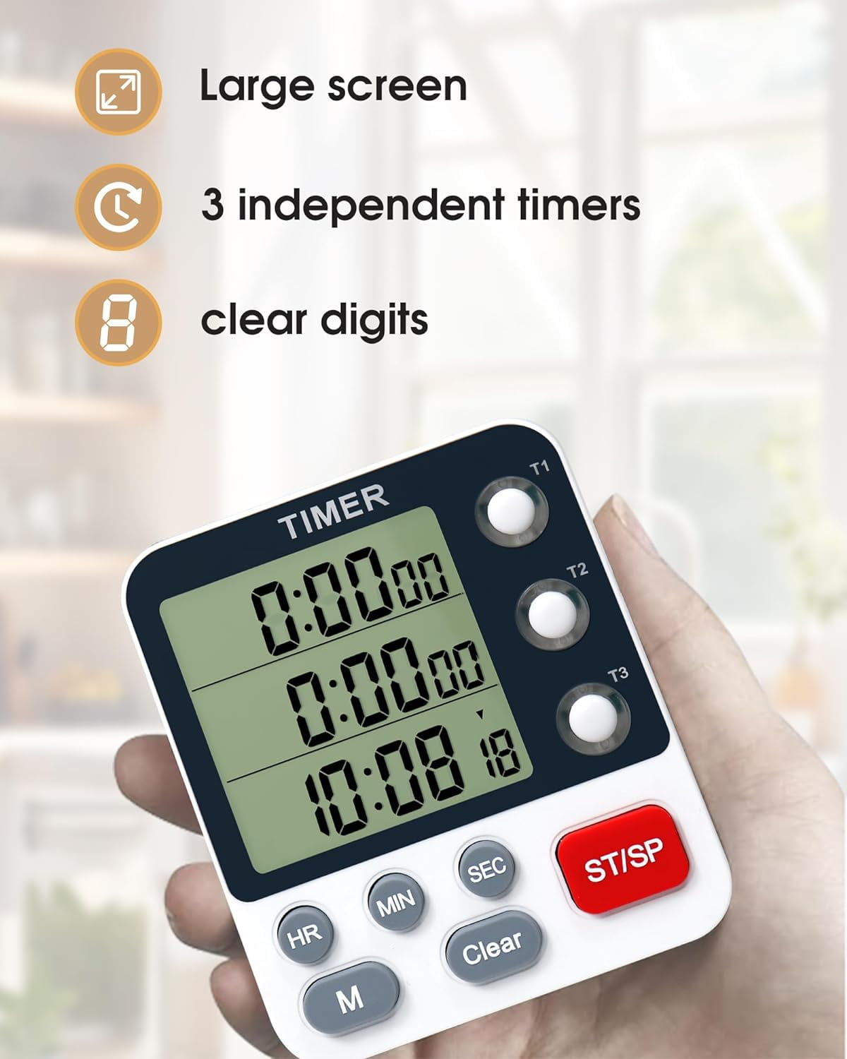 Digital Dual Kitchen Timers for Cooking, 3 Channels Count UP/Down Timer, Cooking Timer, Large ...