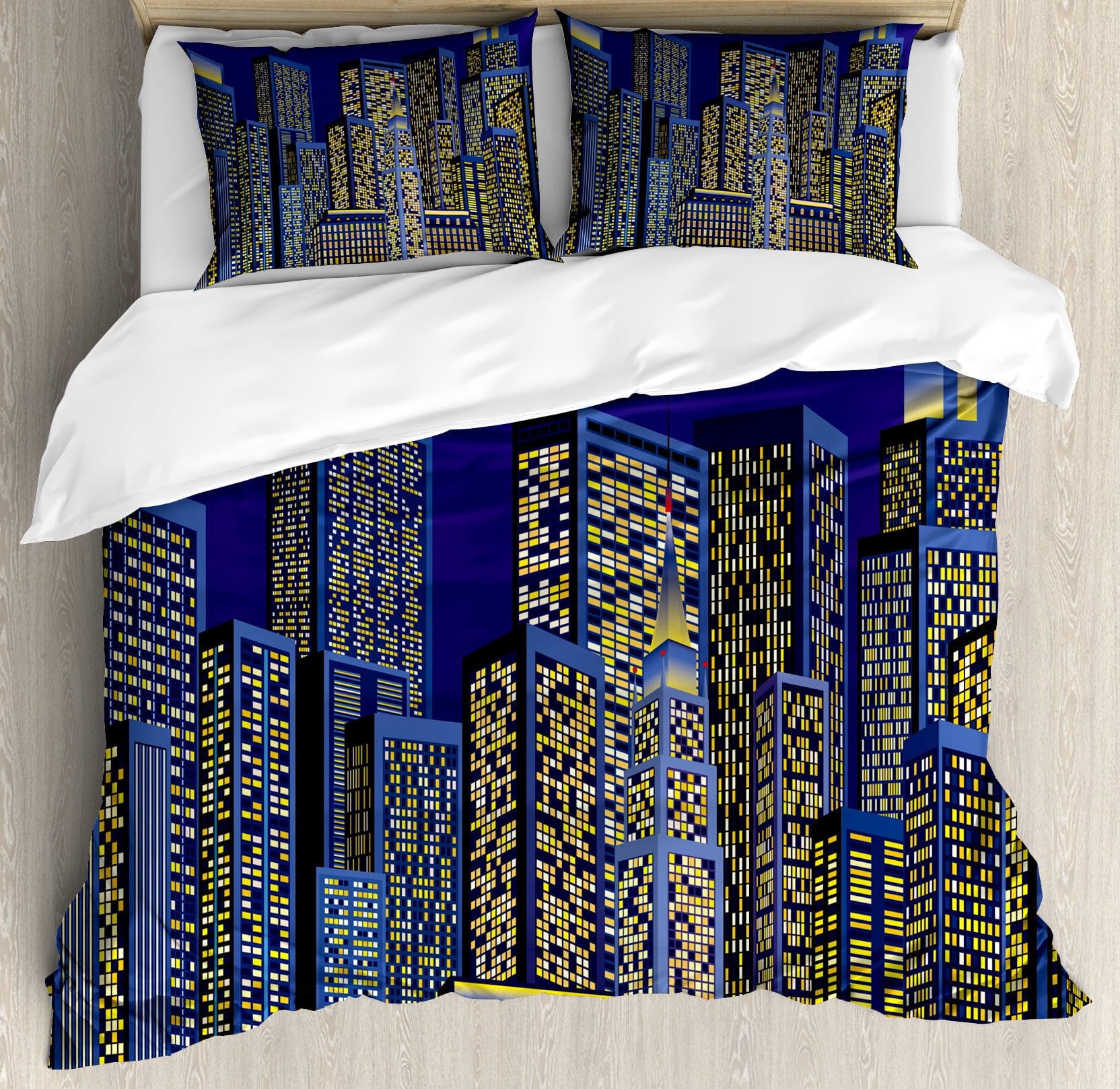 Digital Duvet Cover Set, Cartoon Design Cityscape with Square Seemed ...