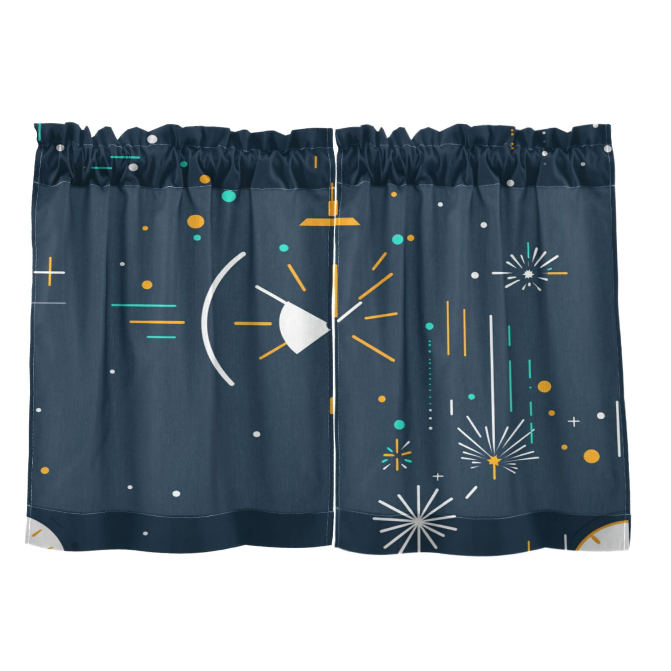 Digital Fireworks and Clock 27"x36" Linen Look Cafe Curtain Set with ...