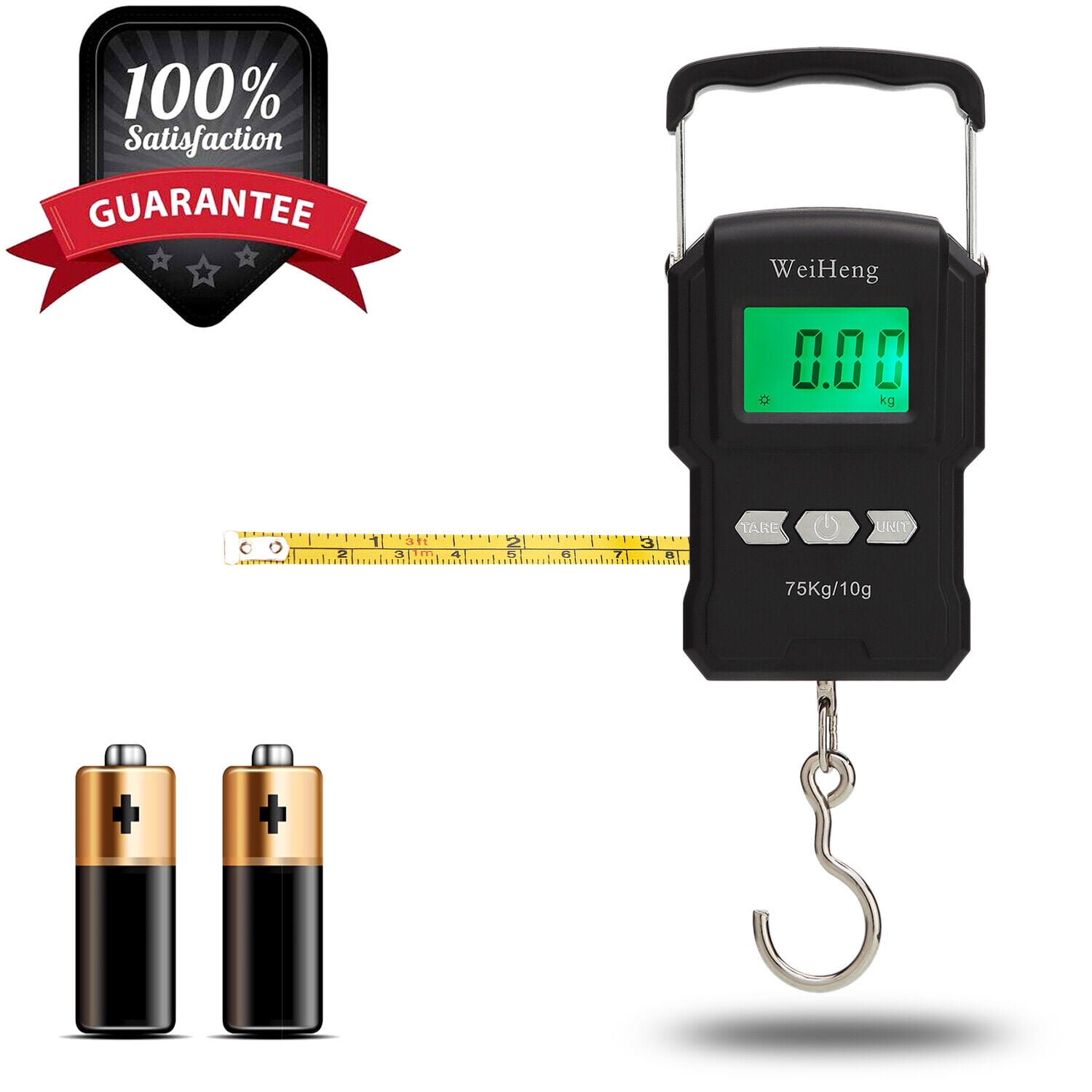 Digital Fish Scale Hanging Scale w/ Built-in Measuring Tape Backlit LCD ...