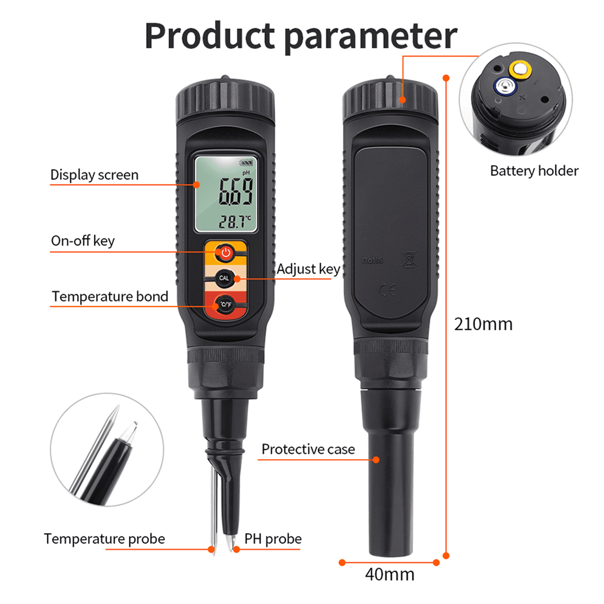 Digital Food PH Meter 0.00-14.00 PH Temp Acidity Tester Dough Soil PH ...