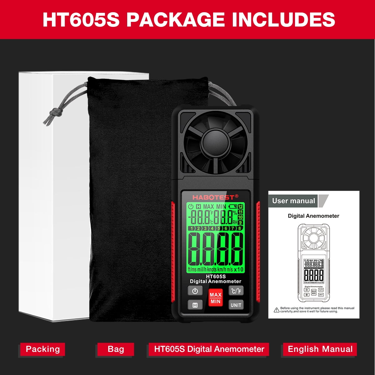 Digital HABOTEST HT605S Digital Anemometer 0-12 Beaufort Scale Handheld ...