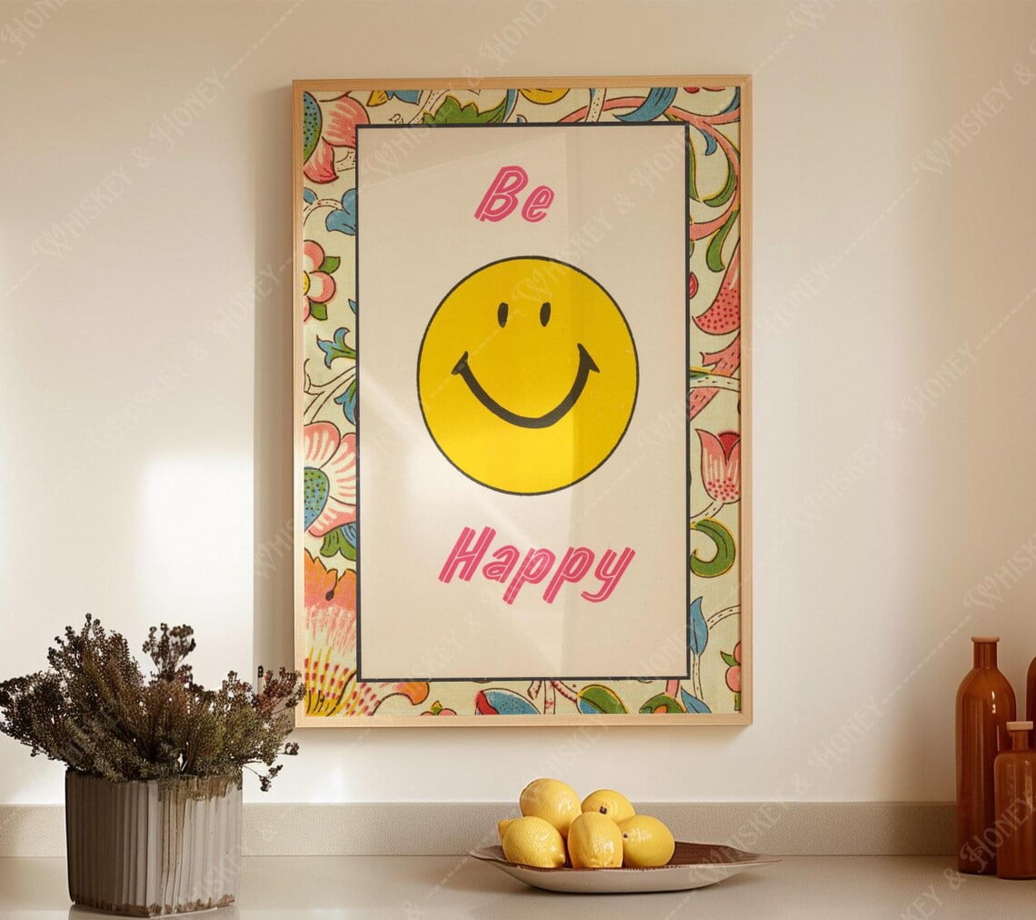 Digital, Be Happy Art Print, Retro Poster, Vintage Smiley Face Poster ...