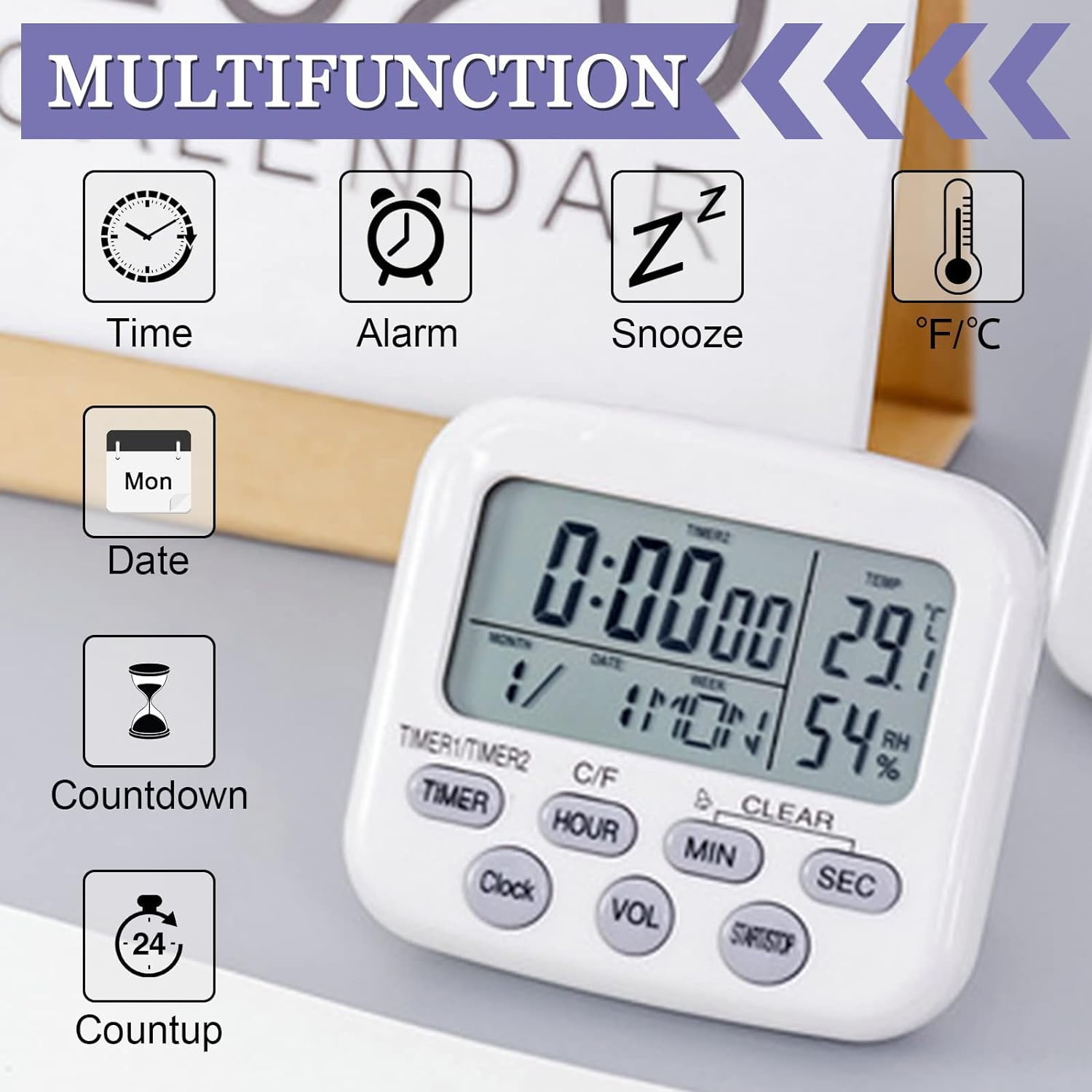 Digital Kitchen Clock Timer With Alarm, Visual Countdown Timer With Day ...