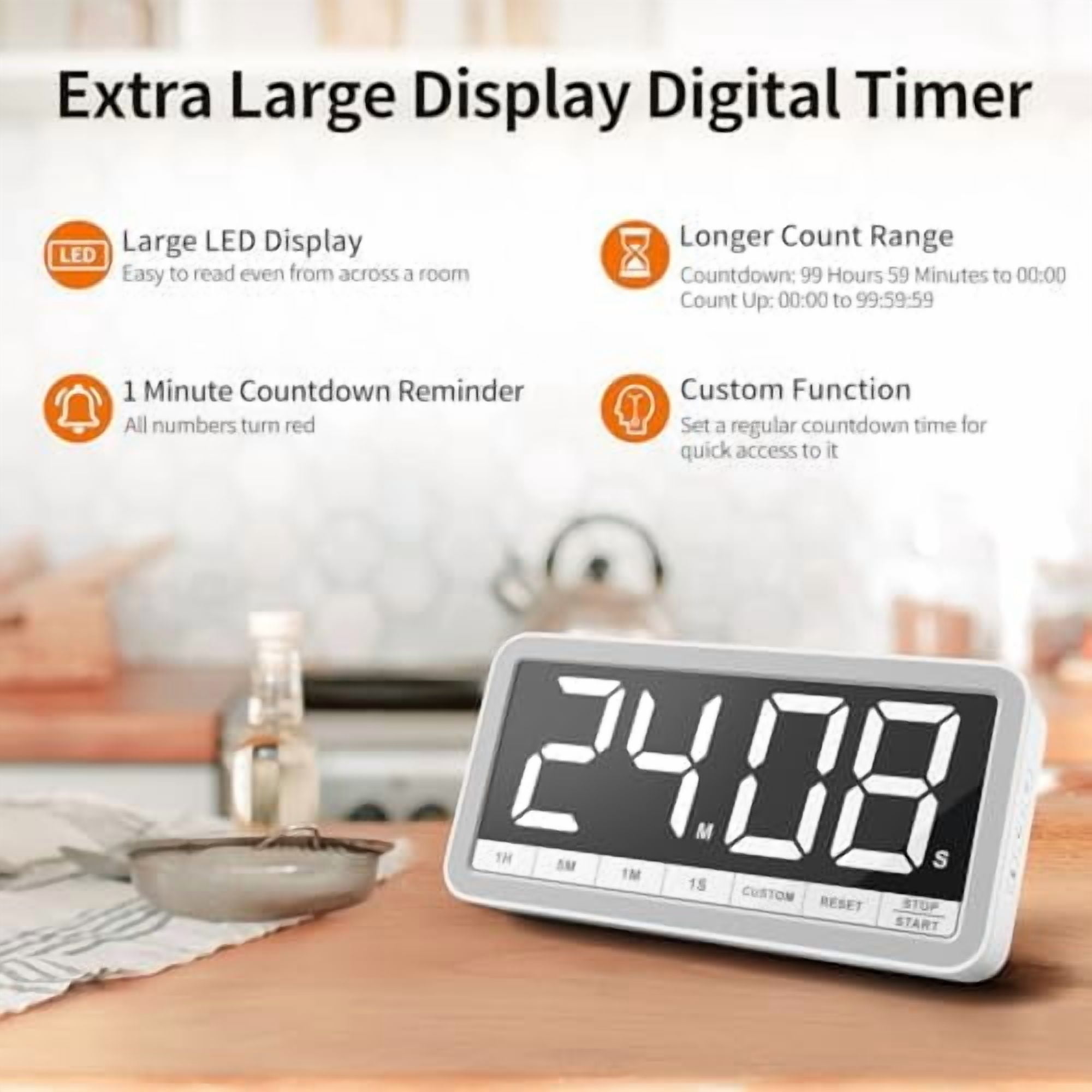 Digital Kitchen Timer with 7.8” Extra Large Display, Magnetic, LED with ...