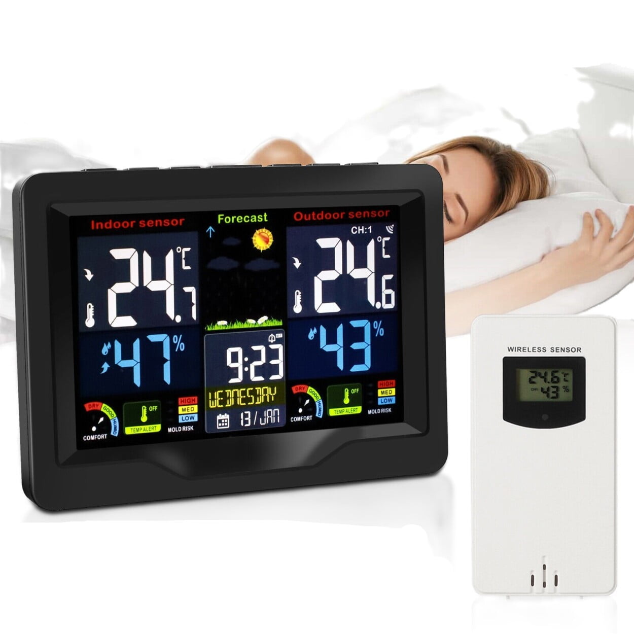 Digital LCD Indoor & Outdoor Weather Station Alarm Clock Thermometer ...