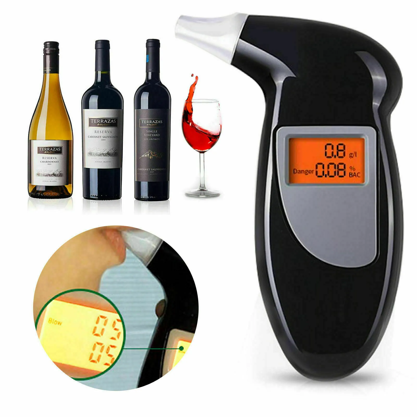 Digital LCD Police Breath Breathalyzer Test Alcohol Tester Analyzer ...