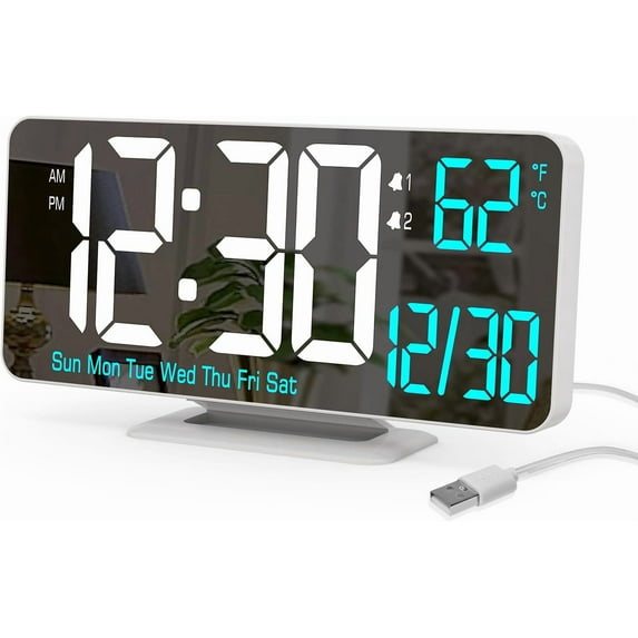 Digital LED Clocks for Bedrooms 6.7in White Alarm Clock, Dimming, 12 ...