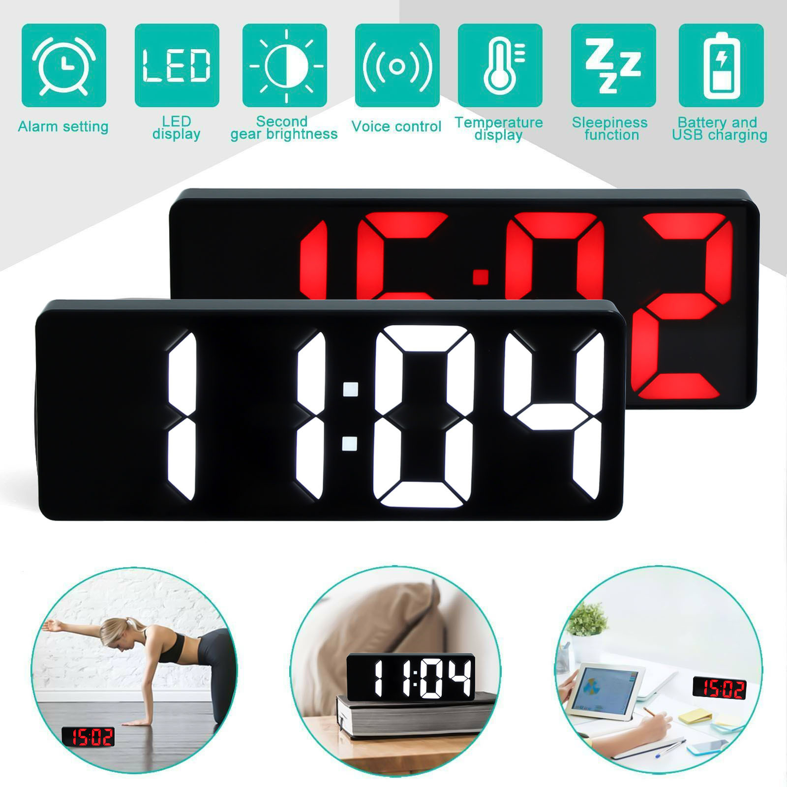 Digital LED Desk Alarm Clock Large Mirror Display 3 inches, USB Snooze ...