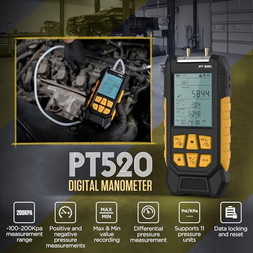 Digital Manometer PT520 Dual Input Differential Manometers Air Pressure Gauge Handheld HVAC ...