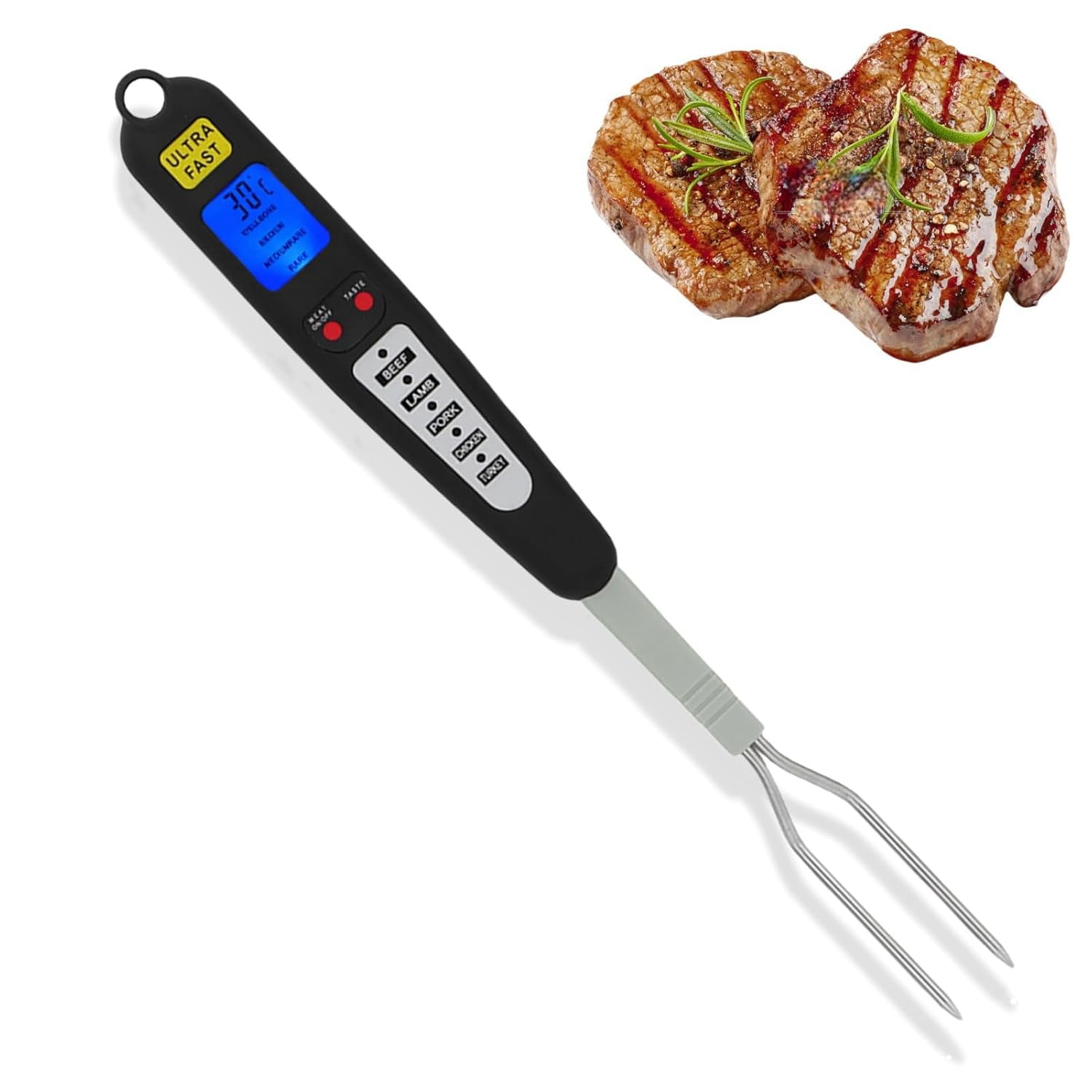 Digital Meat Thermometer Fork, Fast Read Grill Thermometer with LED ...