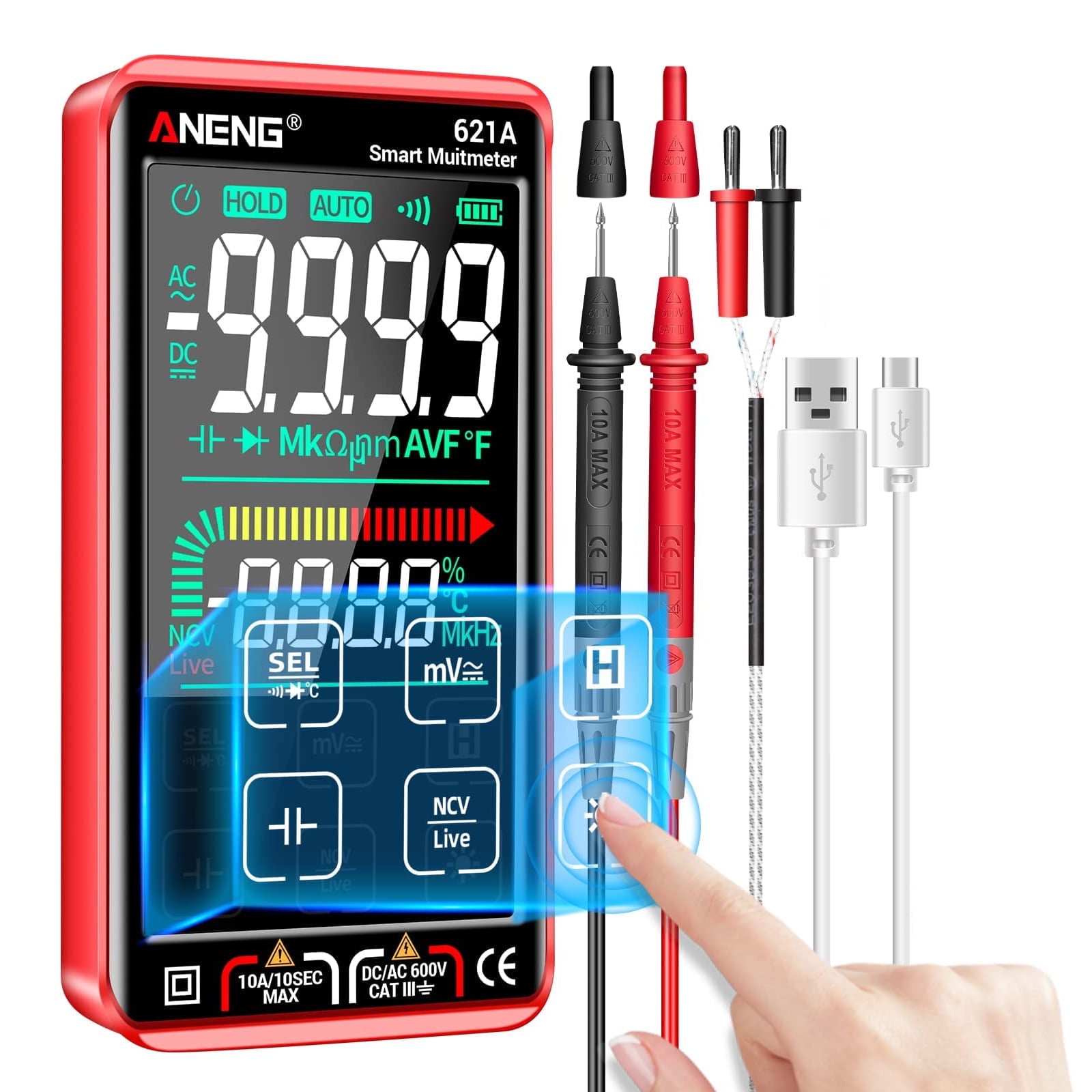 Digital Multimeter Tester ANENG 621A, Smart Touch TRMS, Auto-Range ...