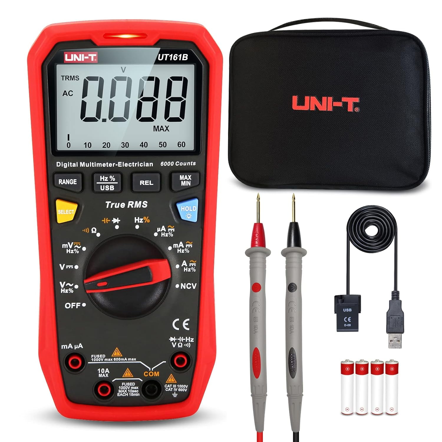 Digital Multimeter UT161B, True RMS 6000 Counts 1000V AC/DC NCV ...