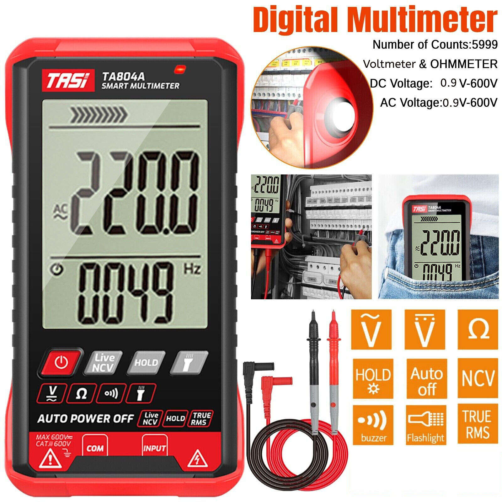 Digital Multimeter Voltmeter - Auto Range AC/DC Volt Ohmmeter Tester ...