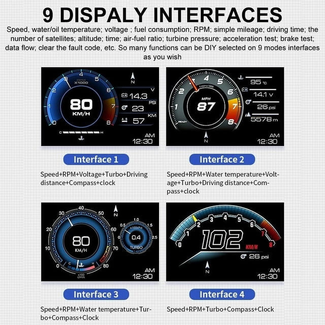 Digital OBD2 Gauge Display, GPS Speedometer with MPH Speed Alert ...