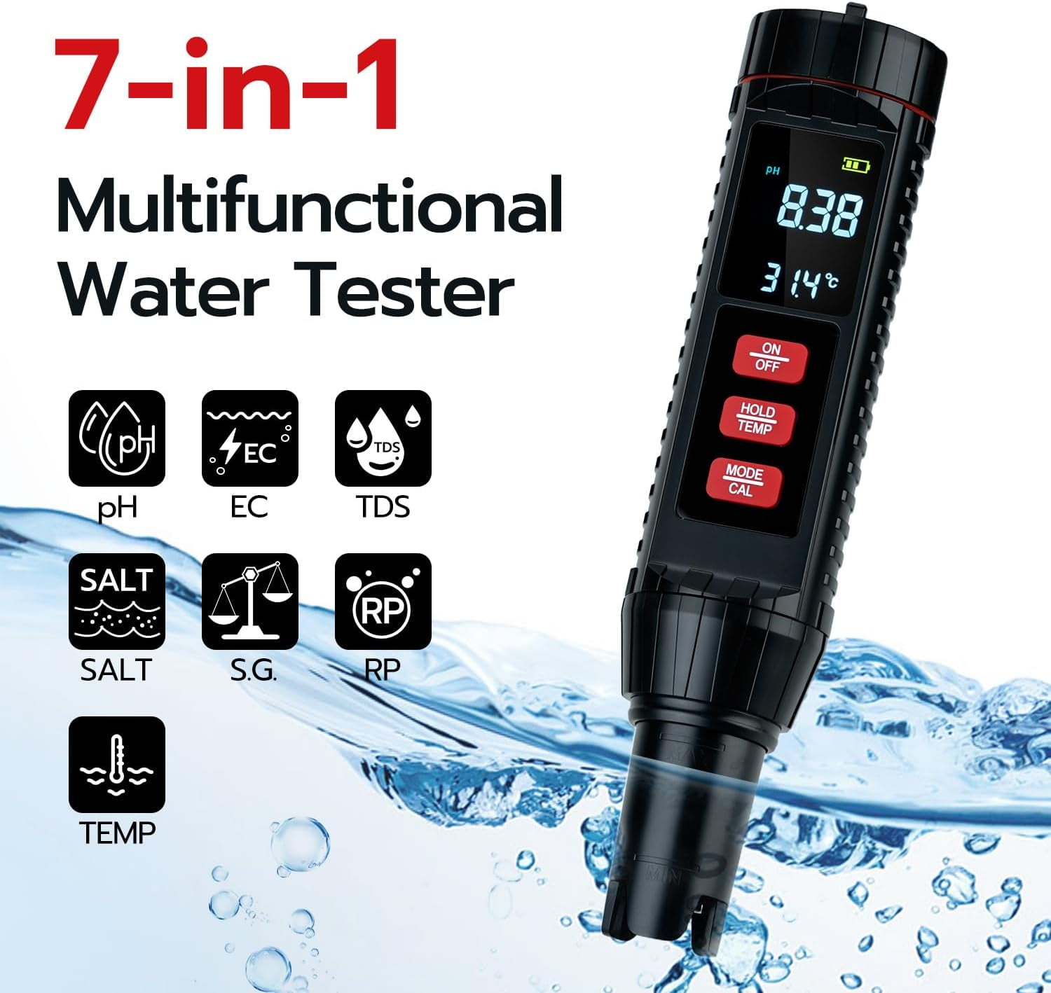 Digital PH Tester, 7 in 1 Pool Salt Tester for Water TDS/EC/Salinity ...