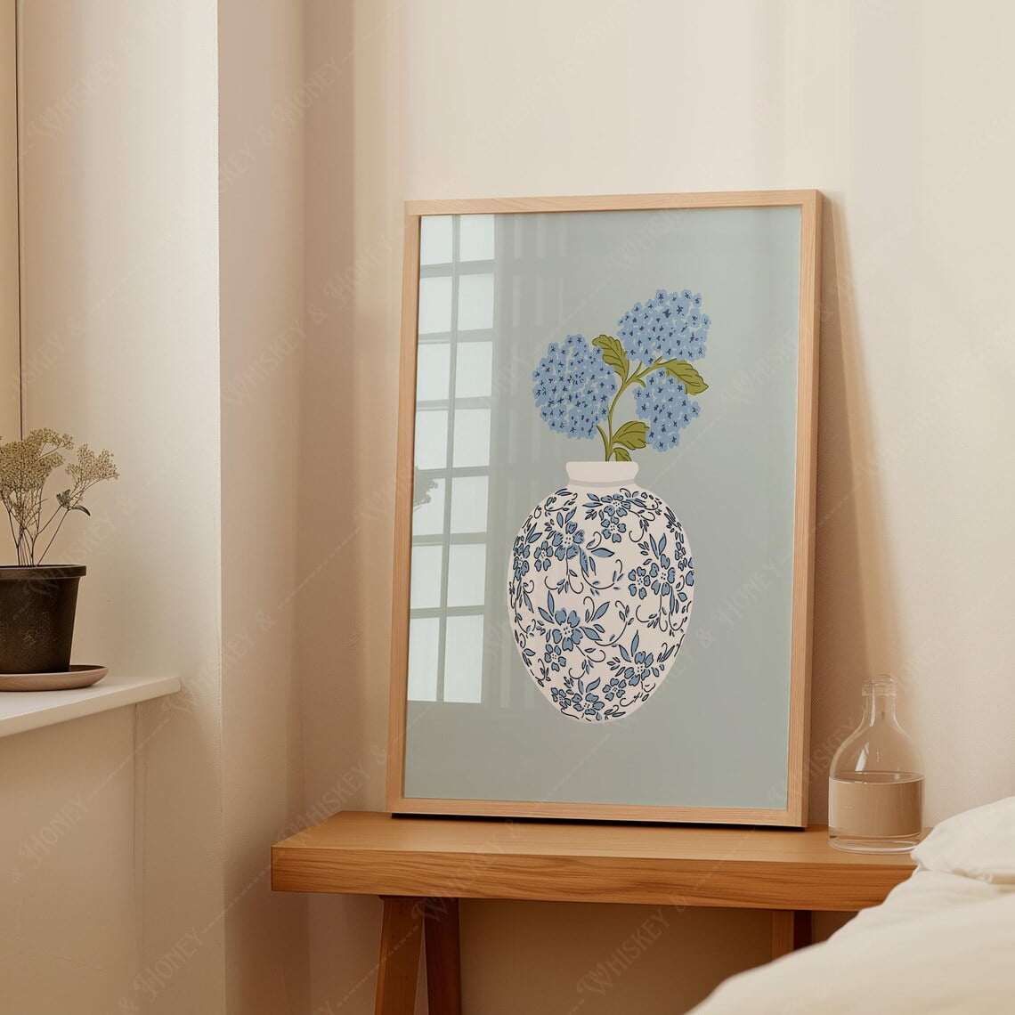 Digital, Preppy Blue Flower Vase Art Print, Ginger Vase, Trendy Art ...