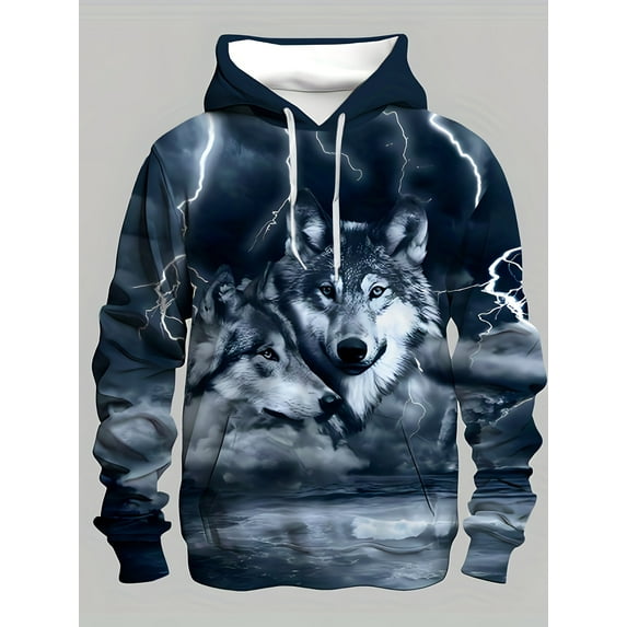 Digital Print Fashion Trend Hoodie - Lightning Moonlight Wolf Print ...