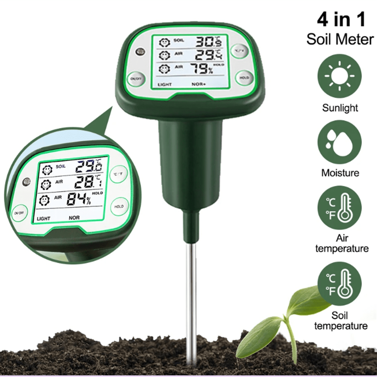 Digital Soil Tester Sunlight Air Moisture Temp Meter Sensor Screen LCD ...