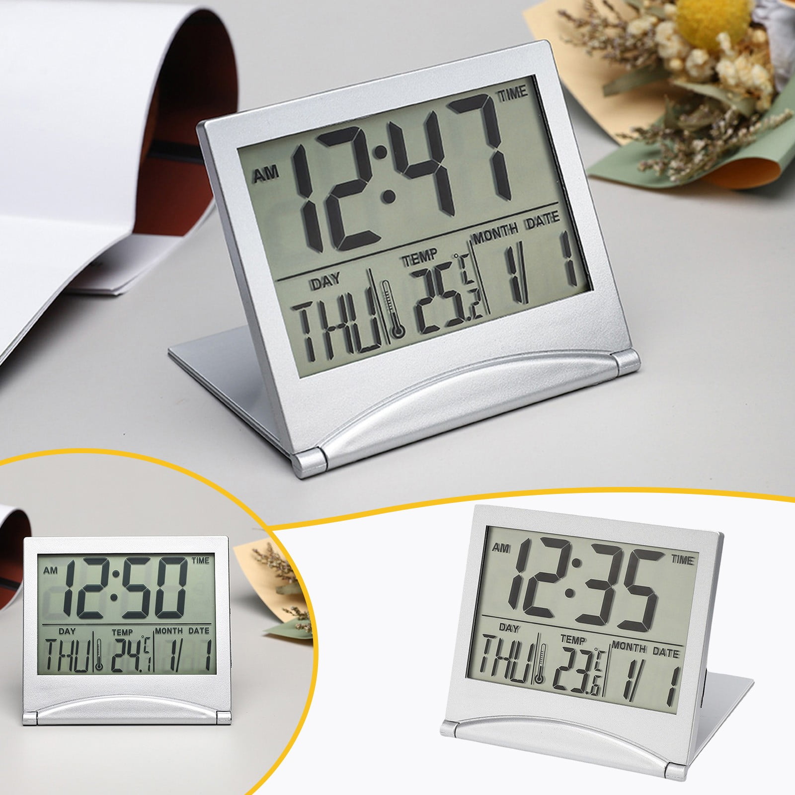 Digital Travel Alarm Clock Foldable Calendar Temperature & Timer LCD ...