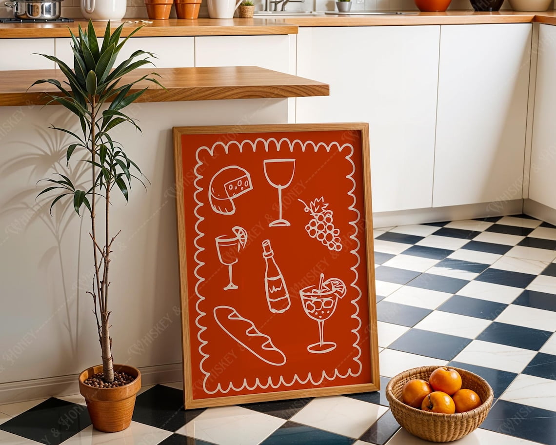 Digital, Trendy Food Illustration Art Print, Cute Kitchen Art, Bar Cart ...