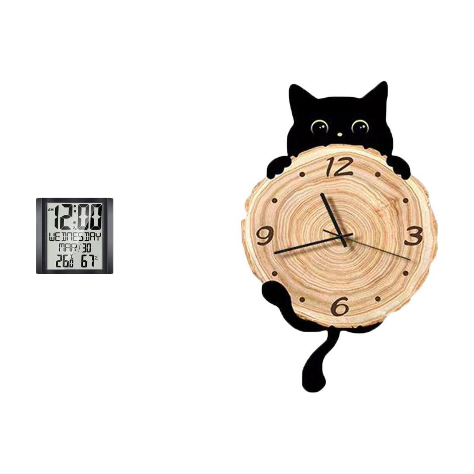 Digital Wall Clock Alarm Clock Cat Clock Silent Operation Sturdy MDF ...