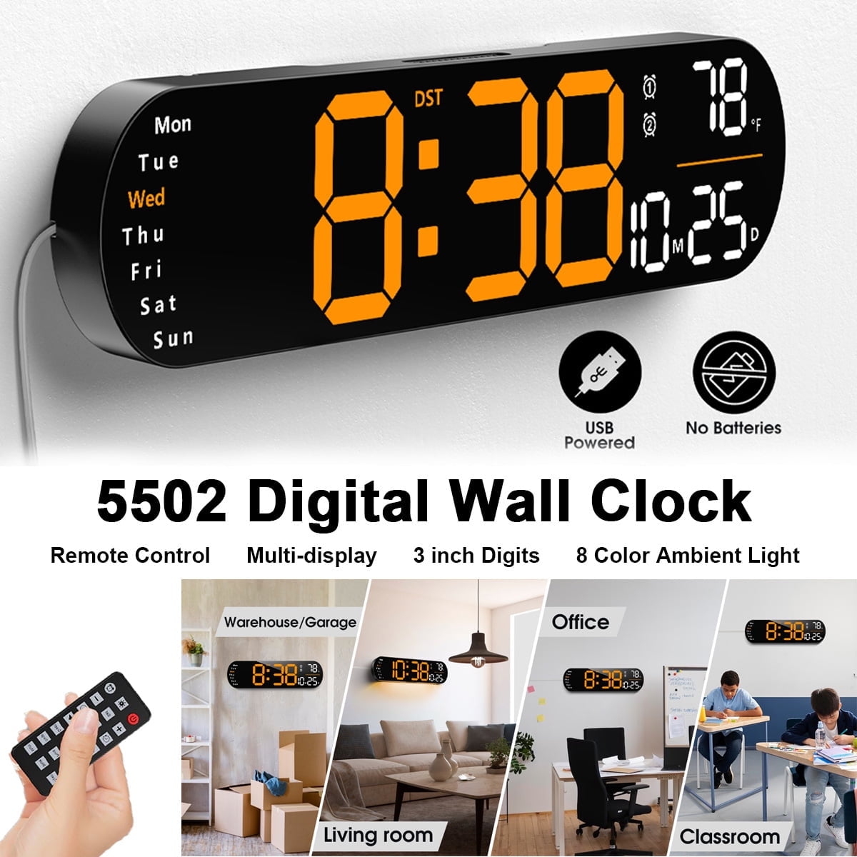 13.7" Digital Wall Clock Large Display, with Remote Control, Dual Alarm ...