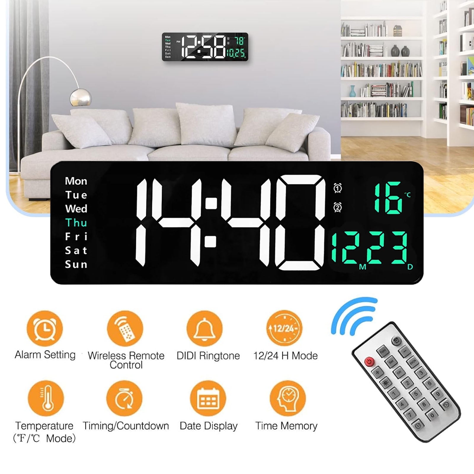Haokaini 16" Digital Wall Clock with Remote Control, Large LED Display & Timer Digital Clock ...