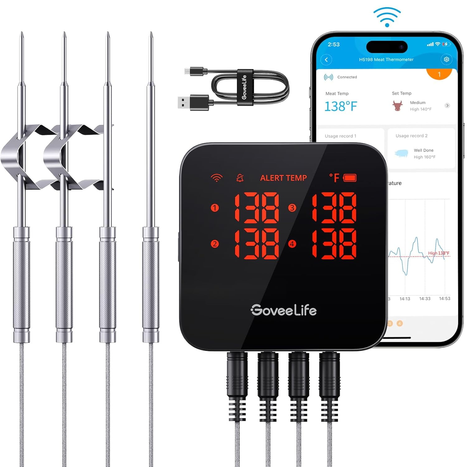 Digital WiFi Meat Thermometer, Smart Cooking Thermometer with 4 Probes ...