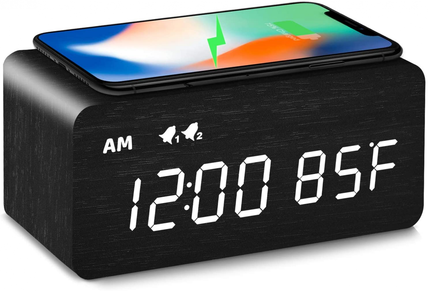 Digital Wooden Alarm Clock with Wireless Charging, 0-100% Dimmer, Dual ...