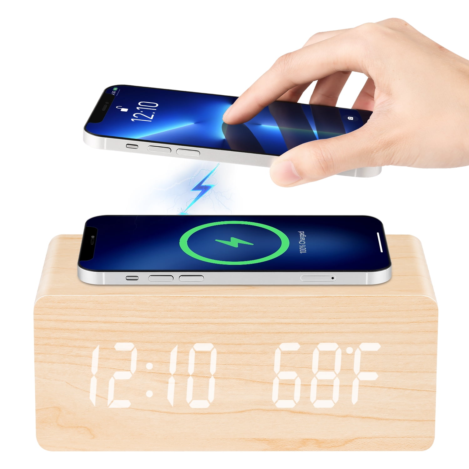Digital Wooden Alarm Clock ,Wireless Charging LED Clocks with ...