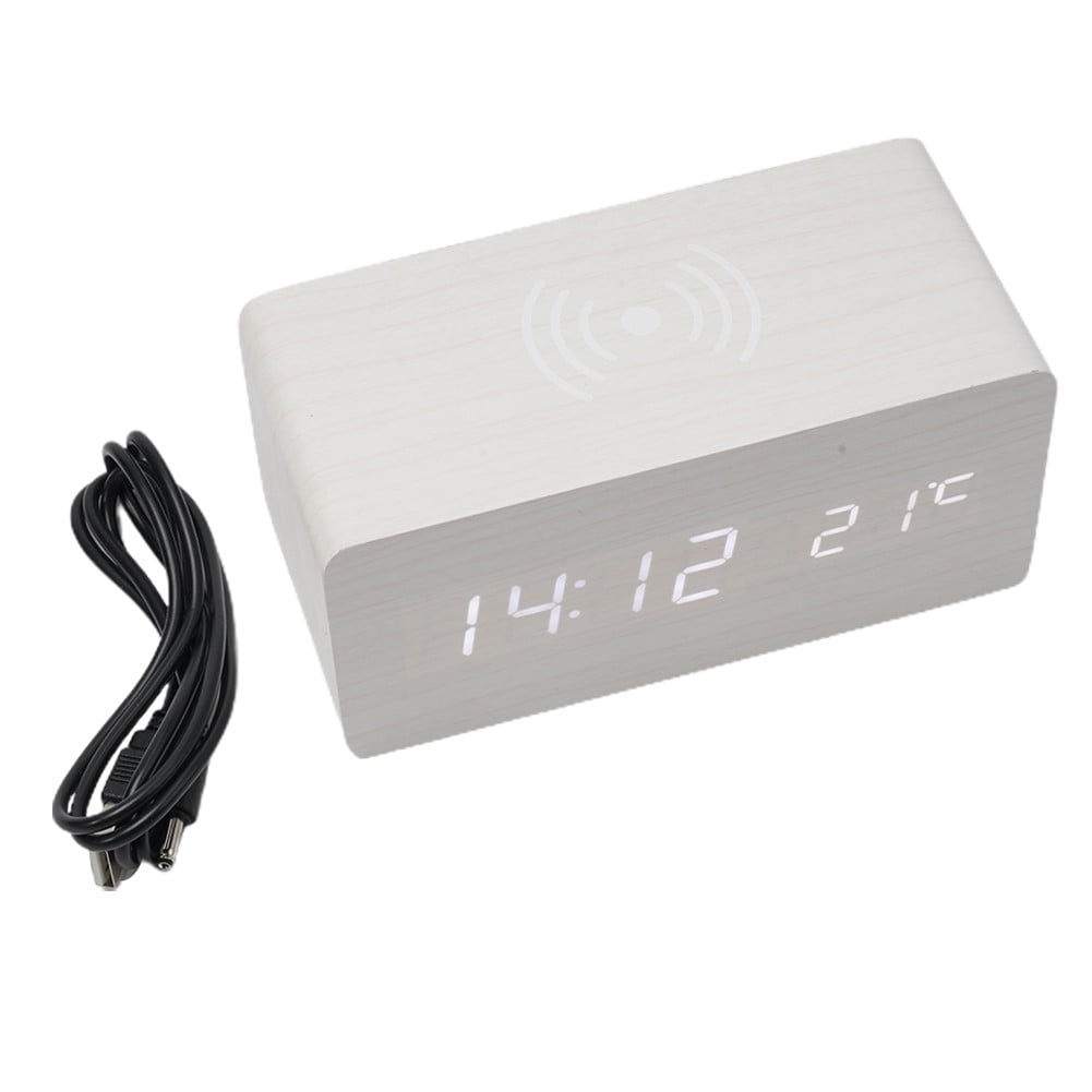 Digital Wooden Alarm Clock with Wireless Charging, Three Groups Alarm ...